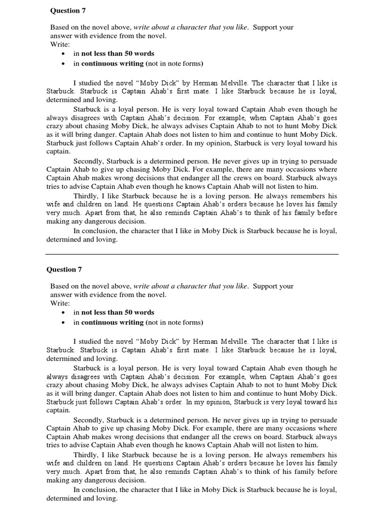 Question 7 - Novel Moby Dick Character | PDF | Moby Dick | Captain Ahab