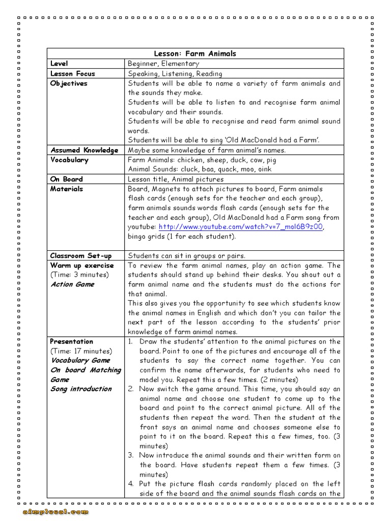 Farm Animals Lesson Plan | PDF | Classroom | Vocabulary
