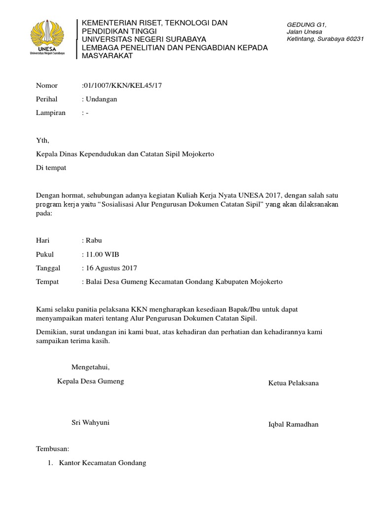 Contoh Surat Undangan Tembusan KKN | PDF | Sains & Matematika