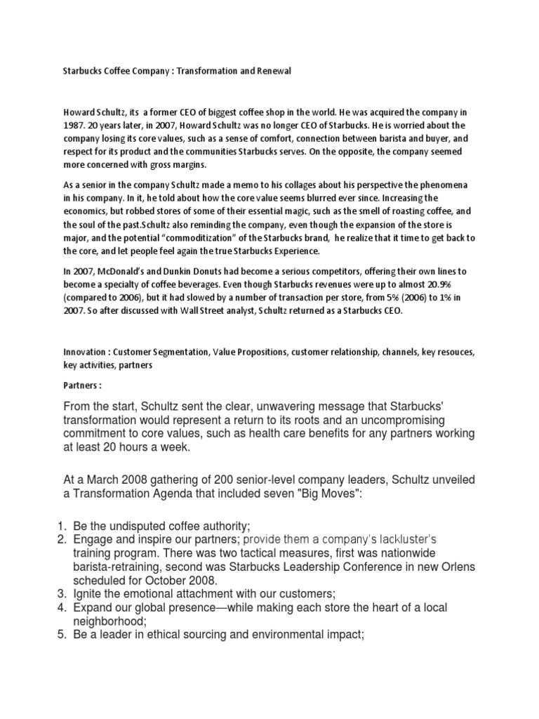 Starbucks Transformation and Renewal Strategy | PDF | Starbucks | Coffee