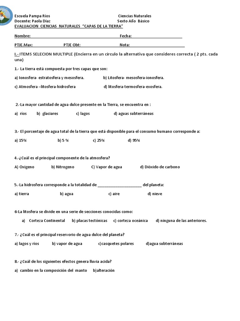 Prueba de Ciencias Capas de La Tierra | PDF | Tierra | Atmósfera