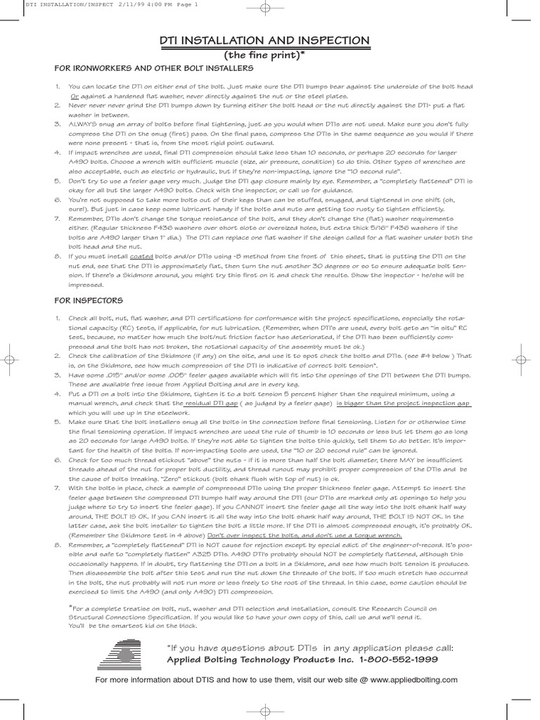 Dti Installation and Inspection | PDF | Nut (Hardware) | Screw
