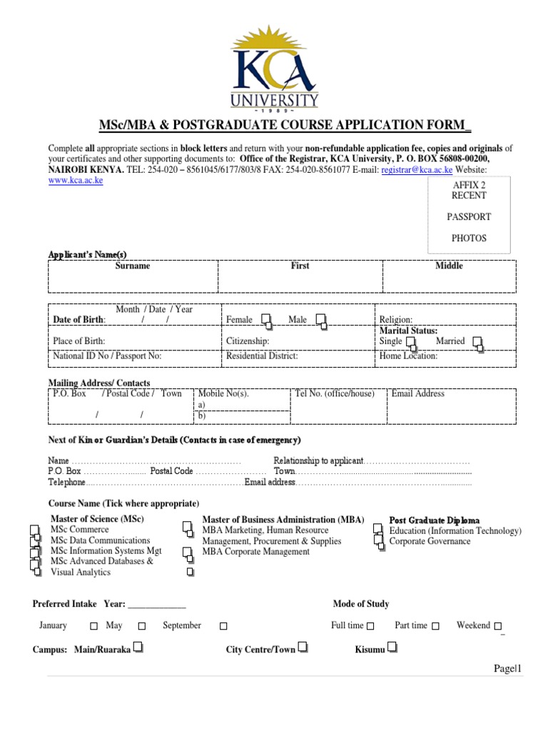 Kenya KCA College | Download Free PDF | Post Office Box | Email