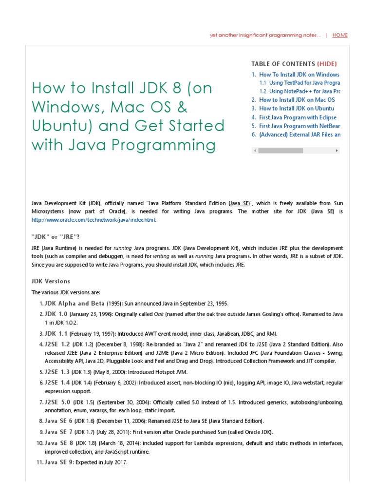 How To Install JDK 8 (On Windows, Mac OS, Ubuntu) and Get Started With Java Programming | PDF ...