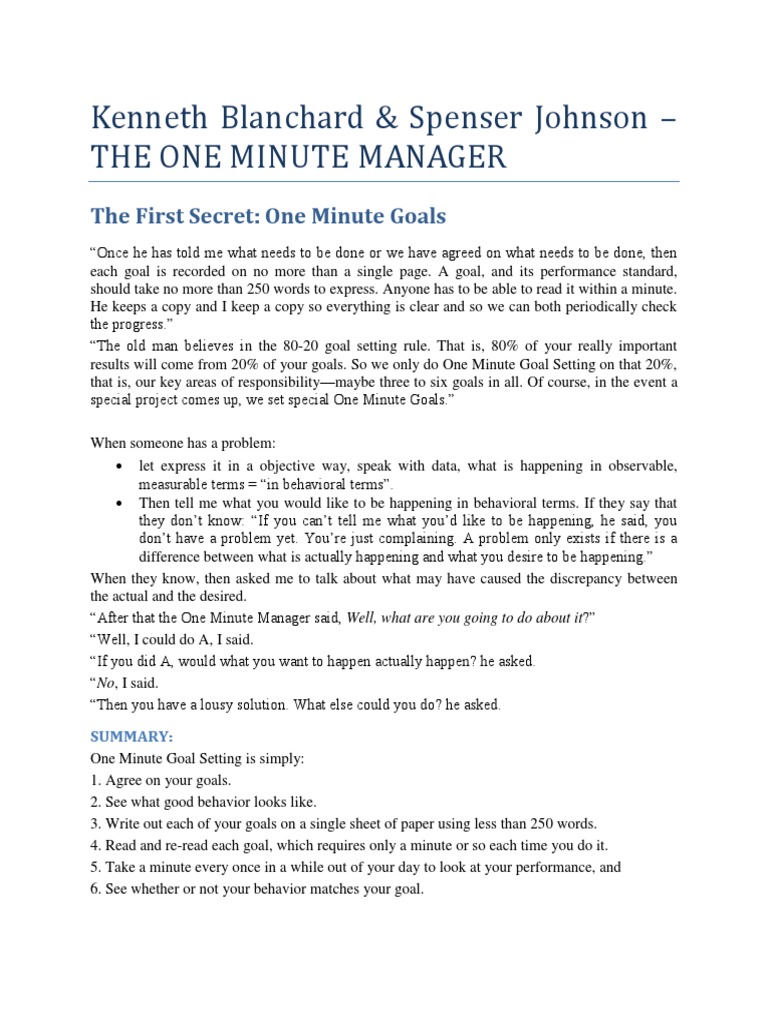 Kenneth Blanchard - The One Minute Manager | Goal Setting | Behavior