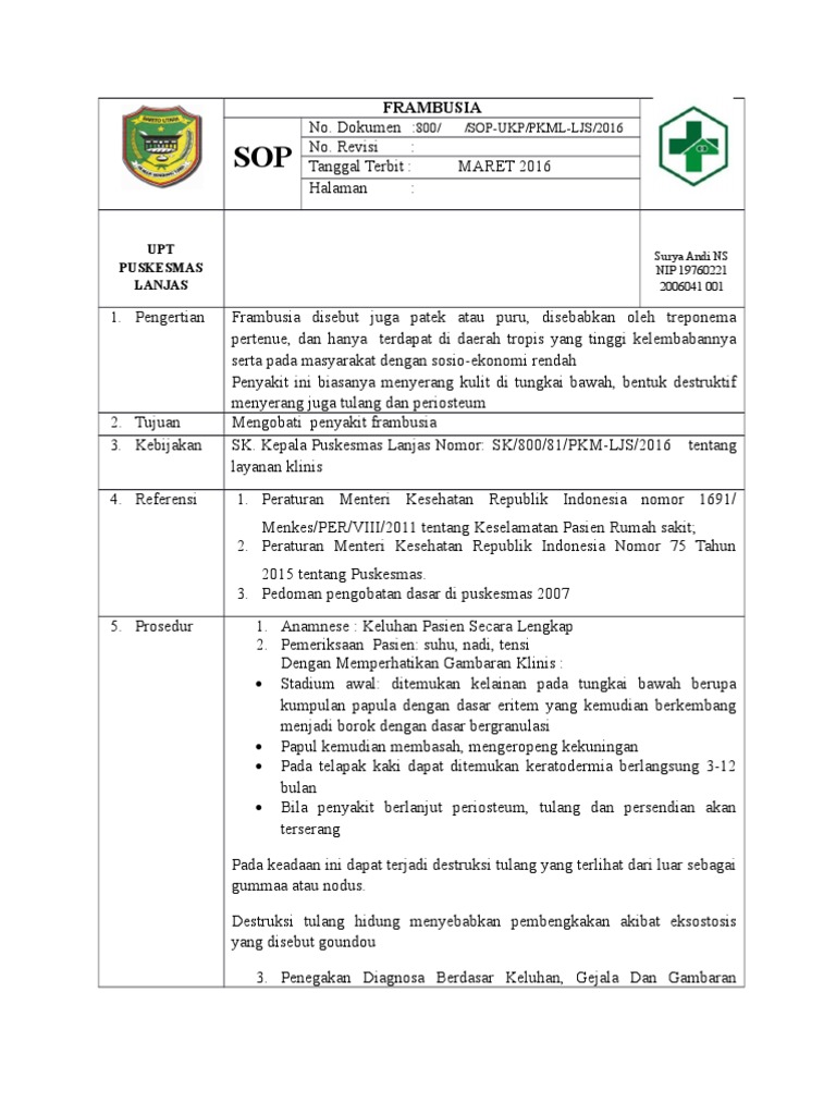 SOP Pengobatan Frambusia di Puskesmas | PDF | Pengembangan Diri | Sains ...