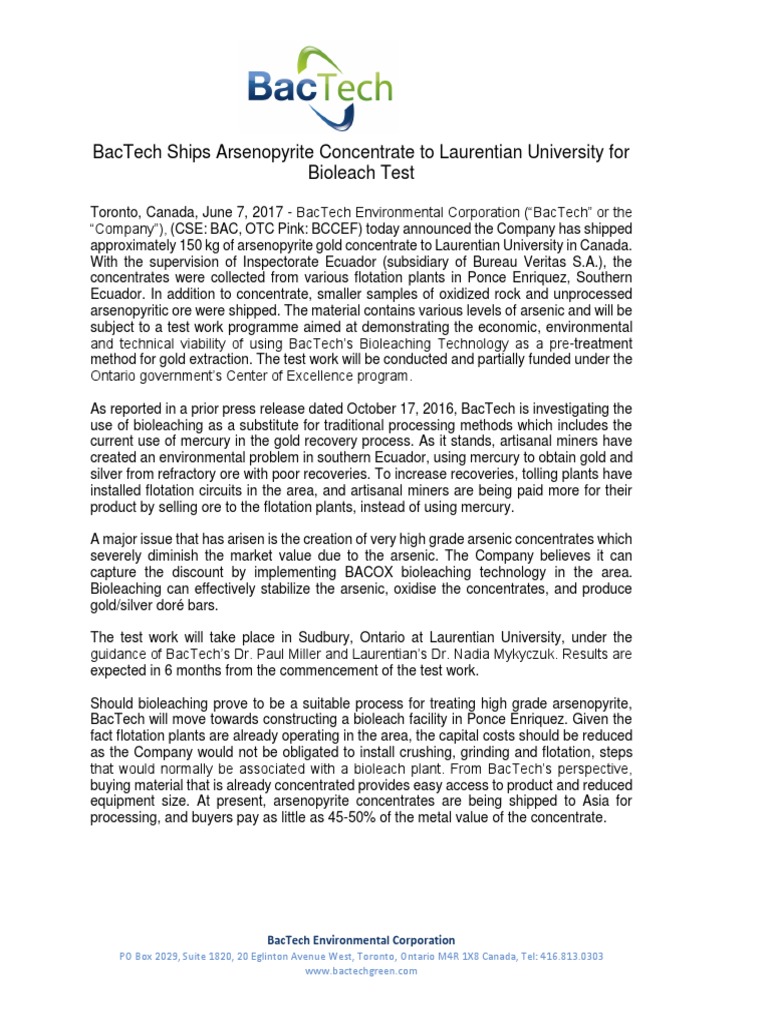 BacTech Ships Arsenopyrite v1 | PDF | Mining | Business