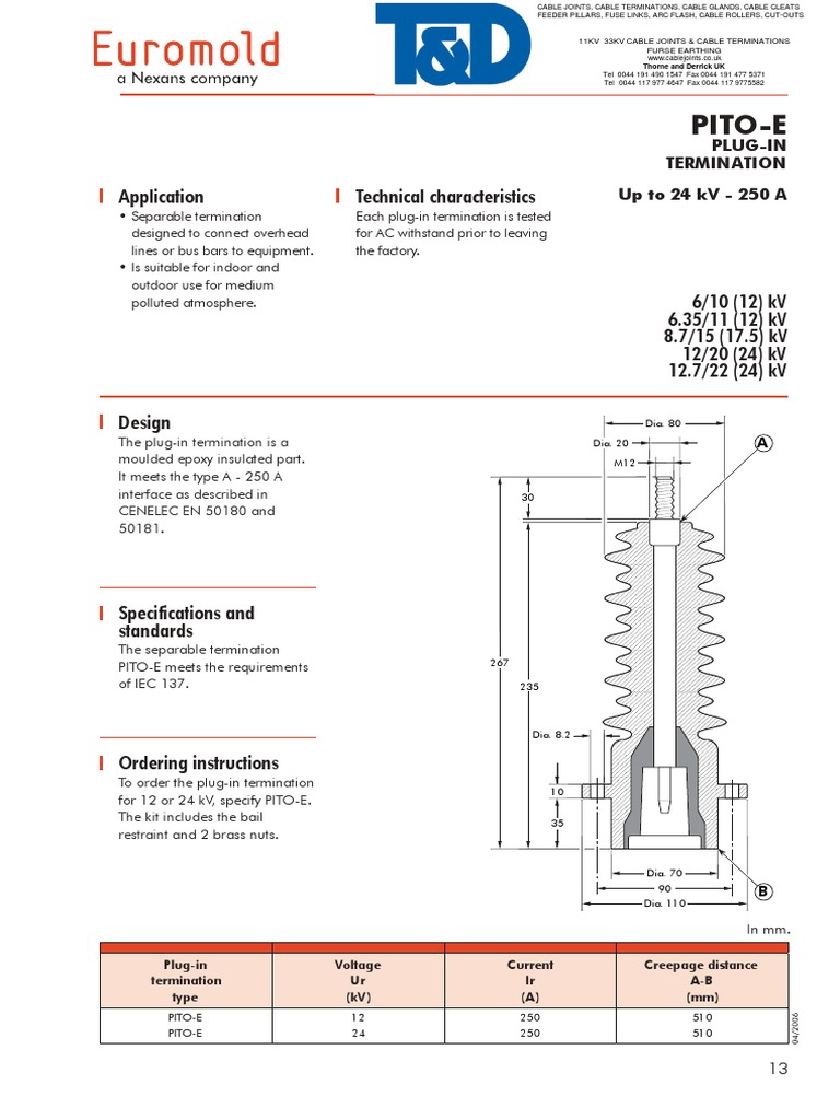 Euromold Elastimold PITO E Plug in Termination Up To 24kV 250A | PDF ...