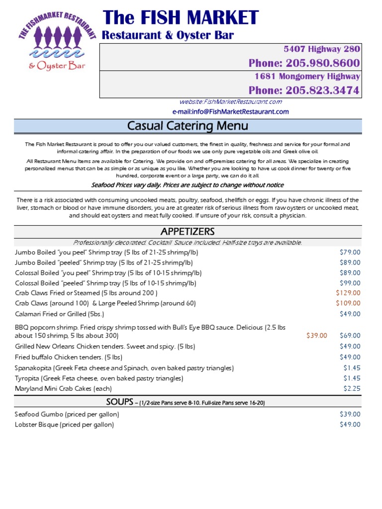 Fish Market Catering Menu Overview | PDF | Kebab | Salad