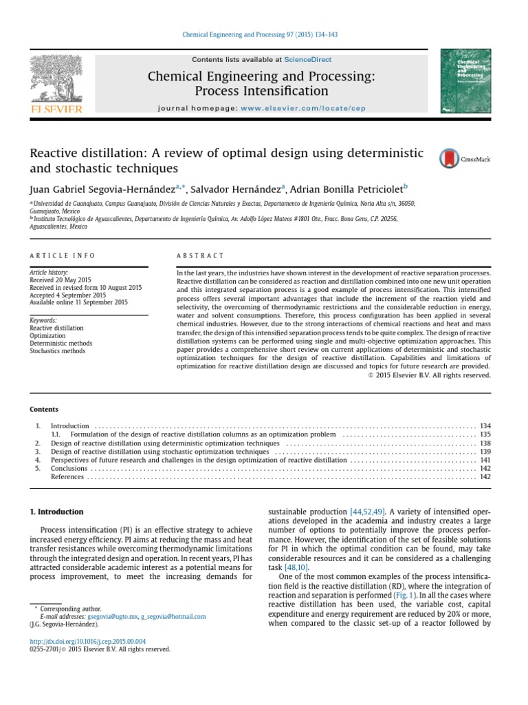 Reactive Distillation - A Review of Optimal Design Using Deterministic and Stochastic Techniques ...