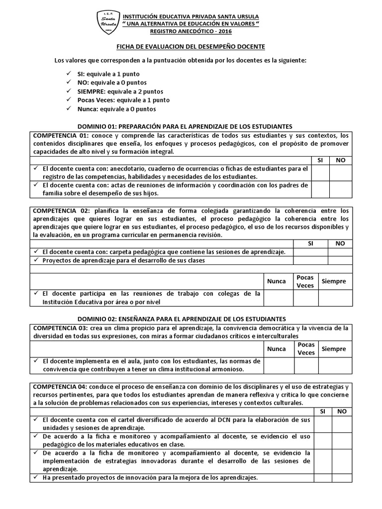 Ficha de Evaluación de Desempeño Docente | Evaluación | Institución