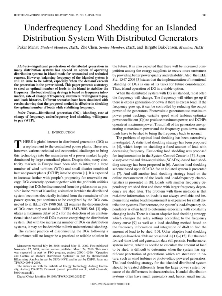 Underfrequency Load Shedding For An Islanded Distribution System With Distributed Generators ...