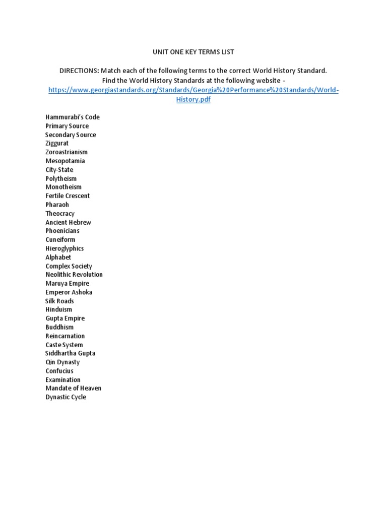 Unit One Key Terms List | PDF