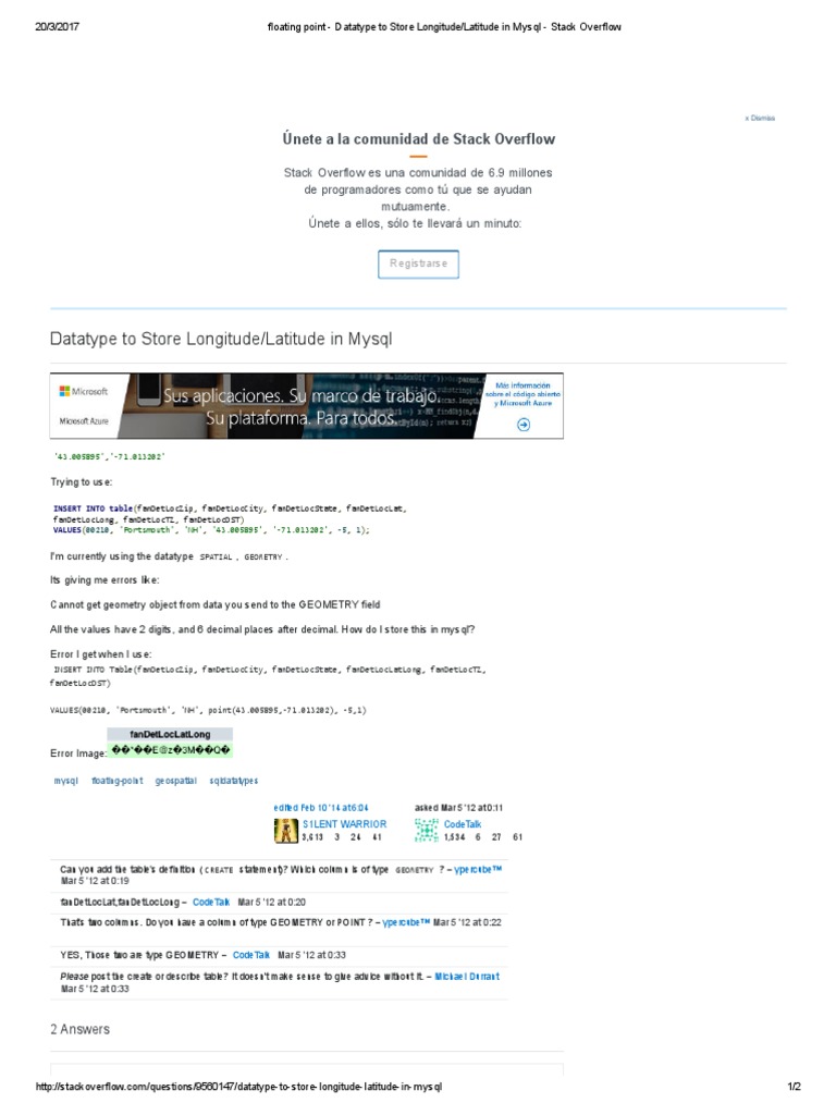 Datatype To Store Longitude/Latitude in Mysql: Únete A La Comunidad de Stack Overflow | PDF ...