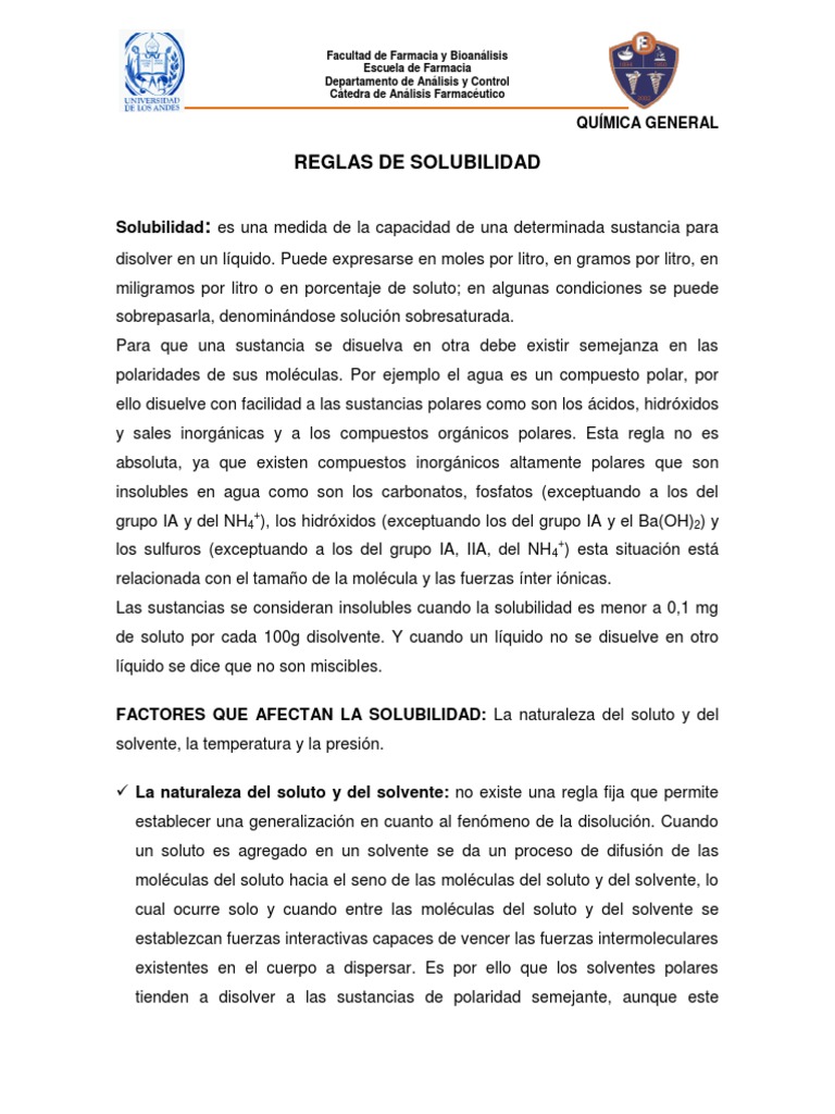 Reglas de Solubilidad PDF | PDF | Solubilidad | Solvente