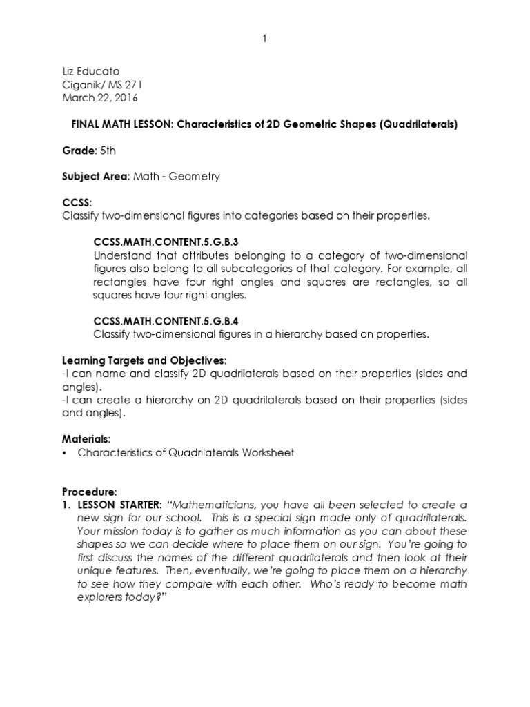 Standard 1 Learner Development Math Lesson 2d Shapes