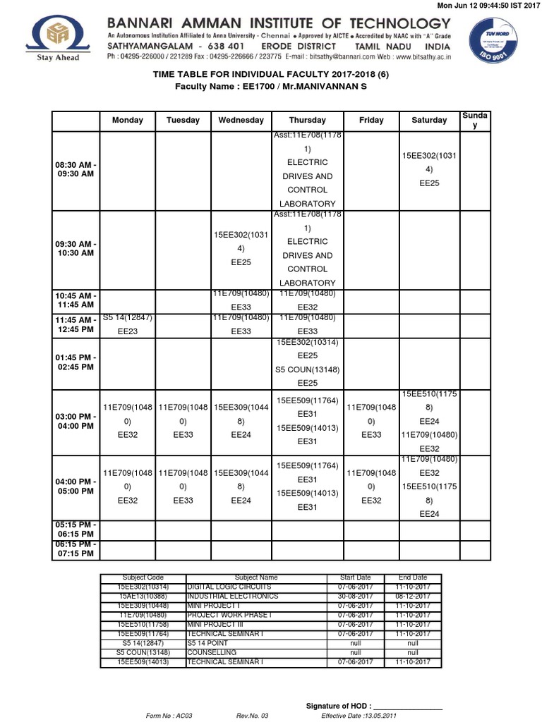 Time Table For Individual Faculty 2017-2018 (6) Faculty Name: EE1700 ...