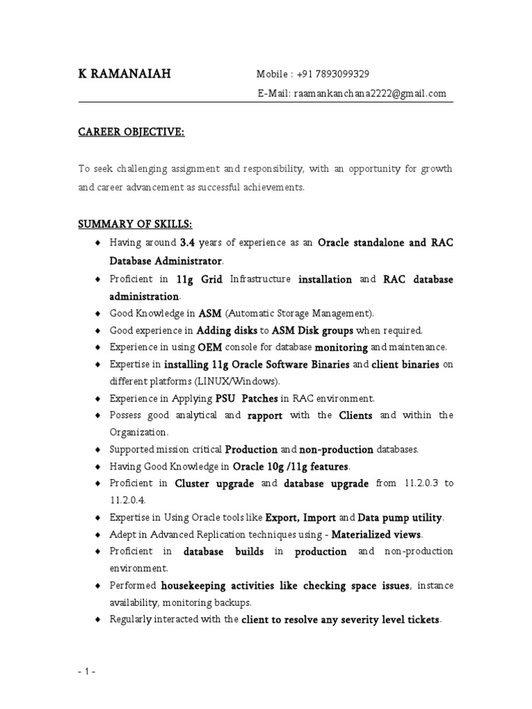Oracle DBA Resume | PDF | Oracle Database | Oracle Corporation