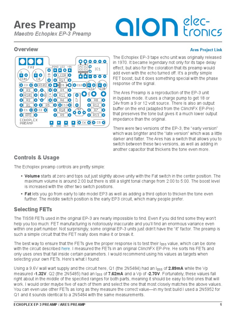 Aion Ares Echoplex Preamp Documentation | PDF | Printed Circuit Board | Soldering