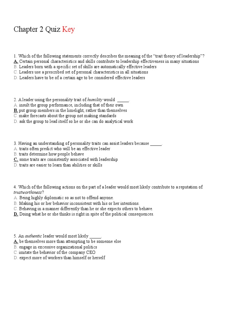 Chapter 2 Quiz Key | PDF | Leadership | Motivation
