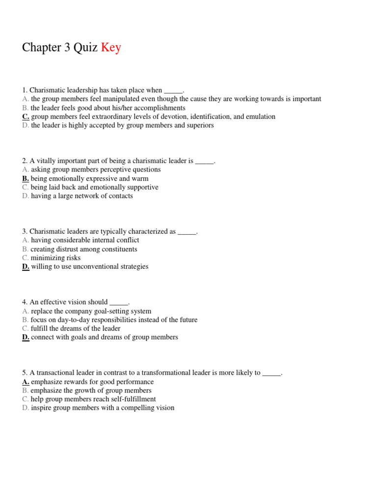 Chapter 3 Quiz Key | PDF | Charisma | Leadership