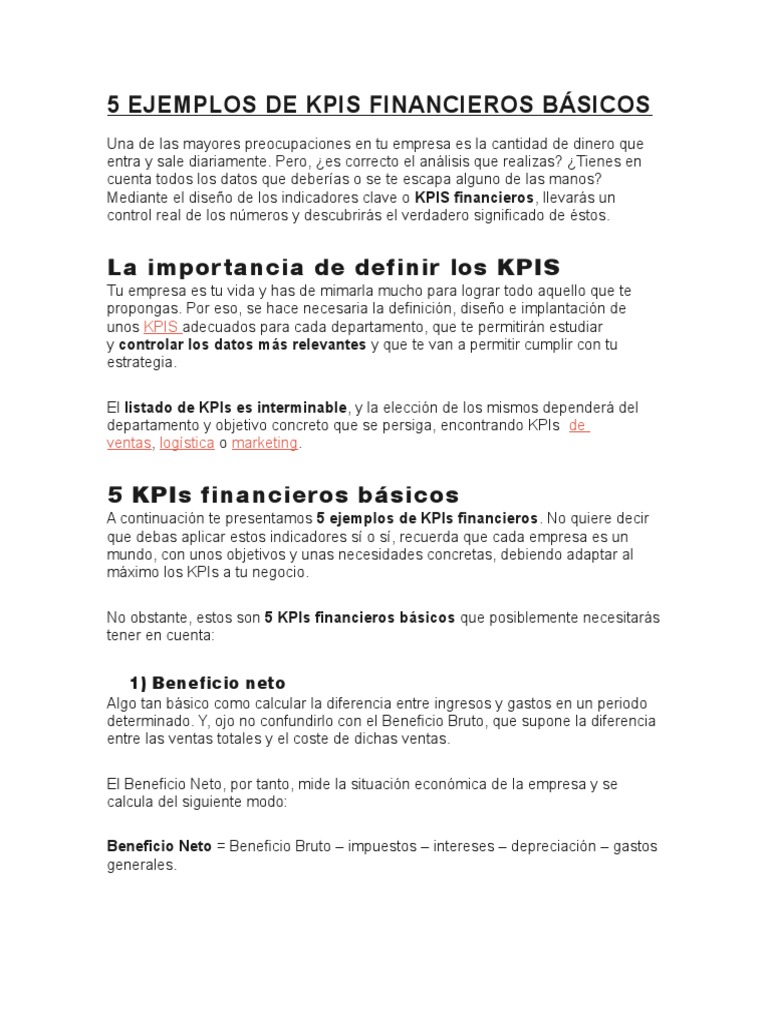 5 Ejemplos de Kpis Financieros Básicos | PDF | Beneficio (economía ...