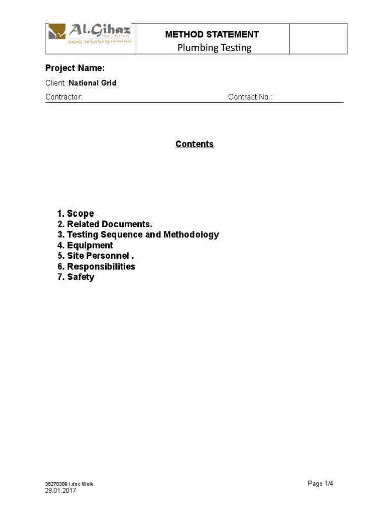 Method Statement Plumbing Test | Plumbing | Personal Protective ...