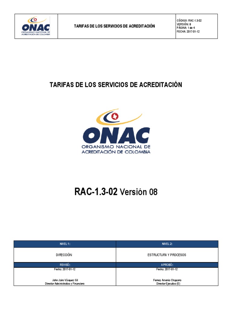 RAC-1.3-02 V08 Tarifas Servicio Acreditación ONAC 2017 | Business