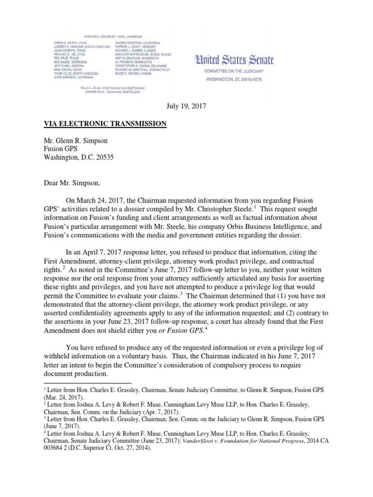 2017-07-19-Grassley Letter To Glenn Simpson Requesting Documents | PDF ...