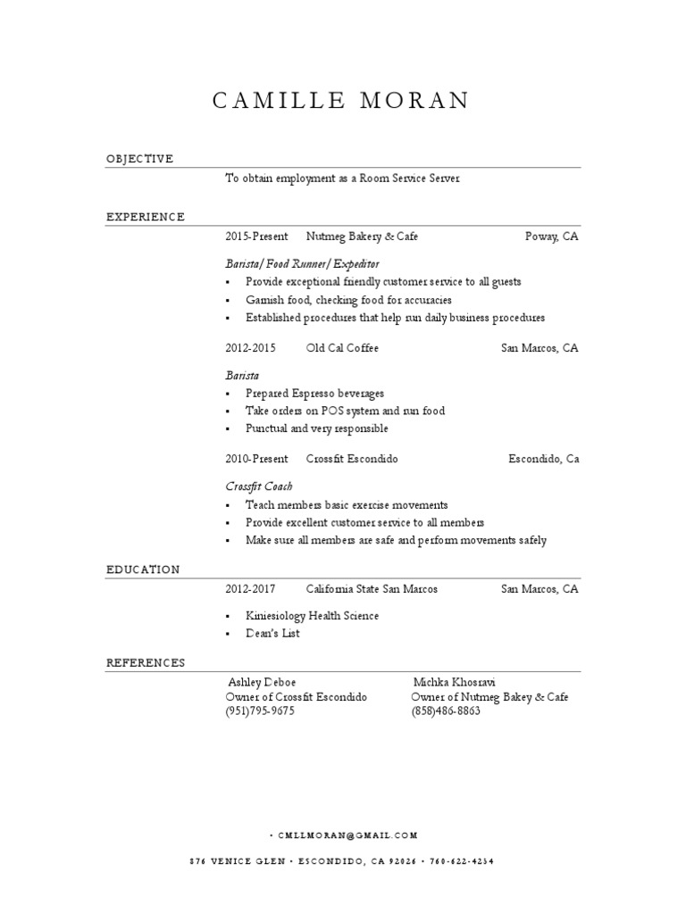 Room Service Server Resume: Camille Moran | PDF