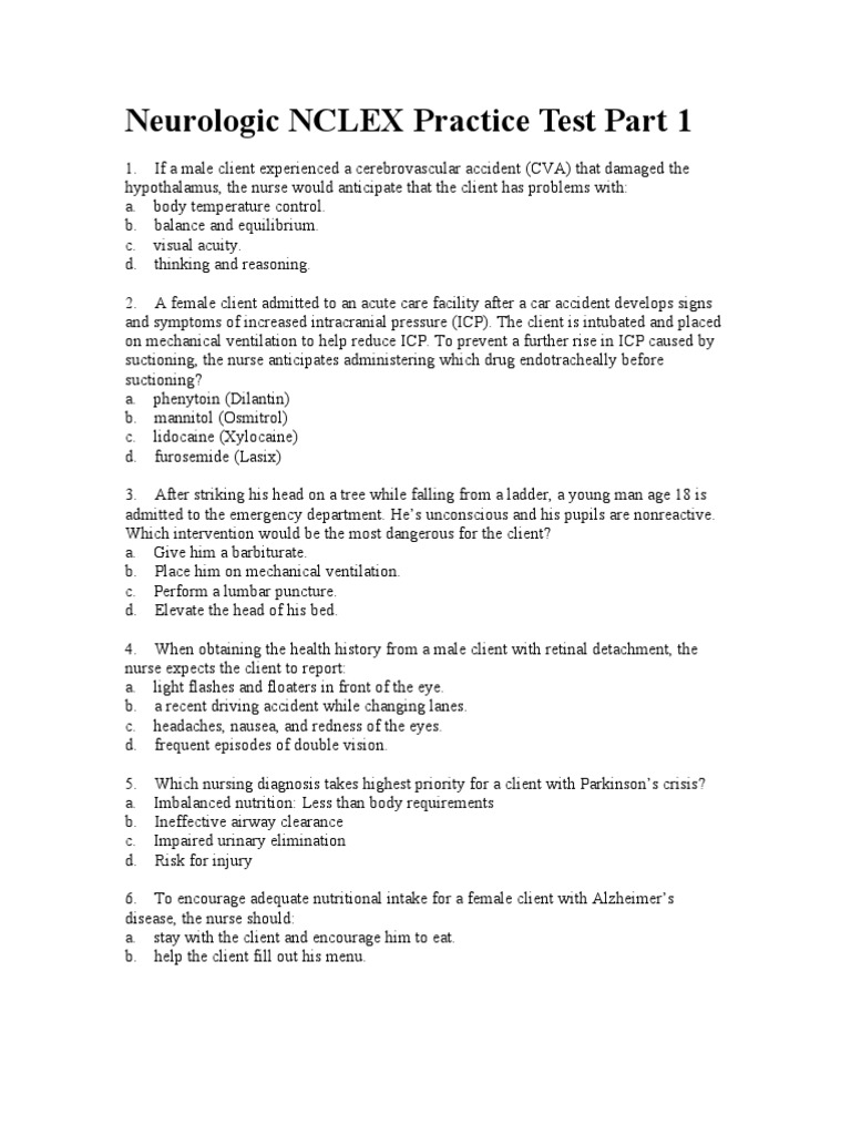 Neurologic NCLEX Practice Test Part 1 | PDF | Vertigo | Stroke