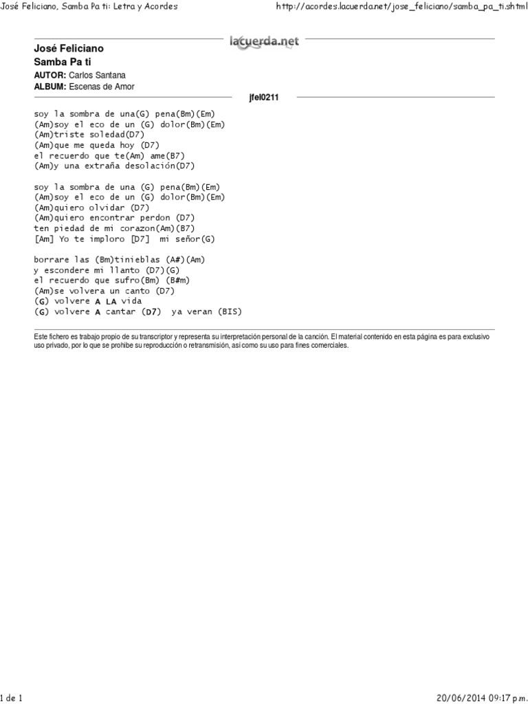 José Feliciano, Samba Pa Ti - Letra y Acordes | PDF