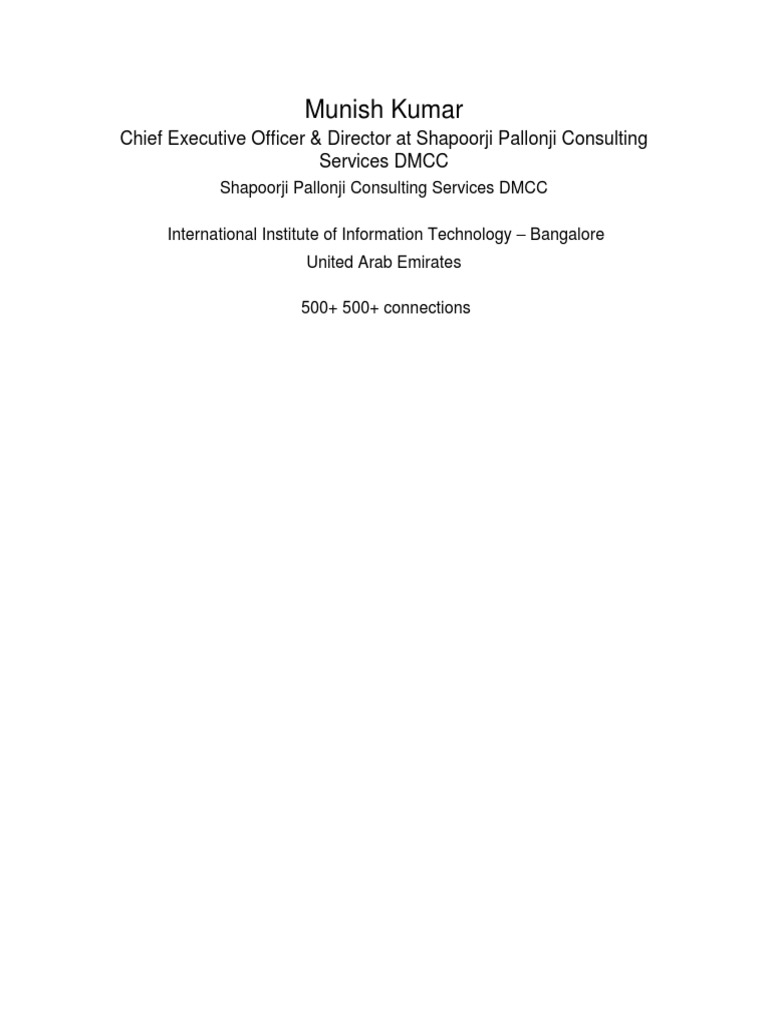 Munish Kumar: Chief Executive Officer & Director at Shapoorji Pallonji Consulting Services DMCC ...