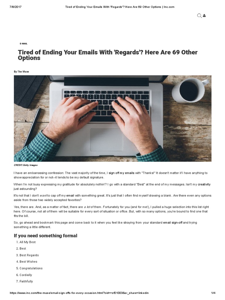 Tired of Ending Your Emails With 'Regards'? Here Are 69 Other Options | PDF