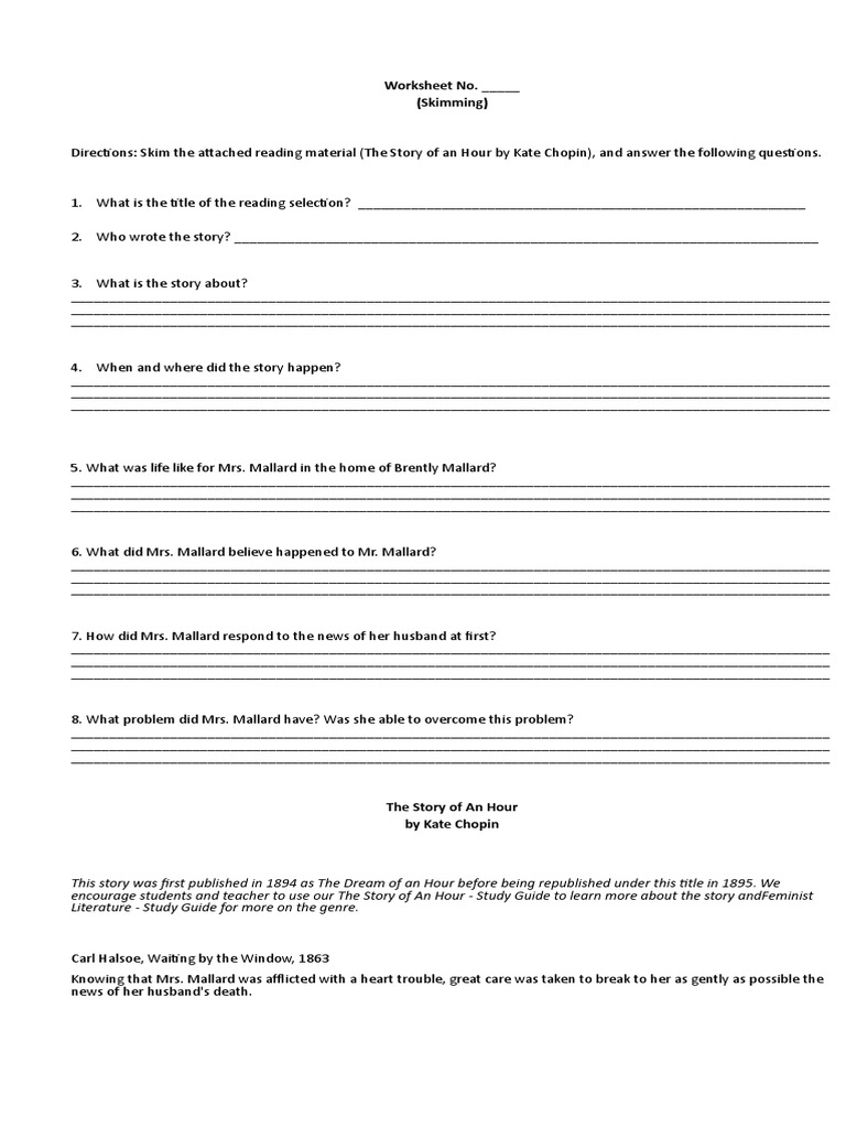 Worksheet For Skimming Attached With The Story of An Hour by Kate ...