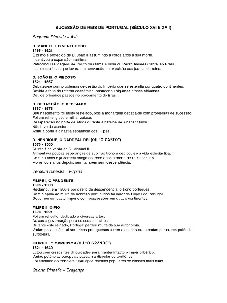 Sucessão de Reis Portugueses Do Século XVI e XVII | PDF | Monarquia ...