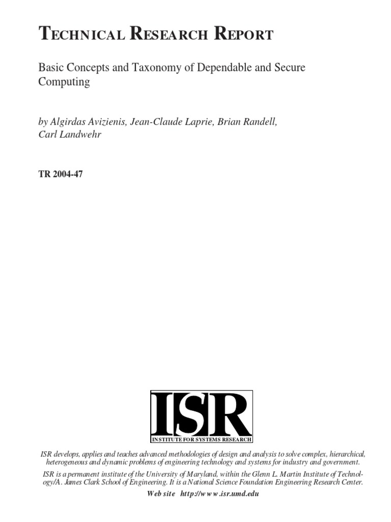 Echnical Esearch Eport: Basic Concepts and Taxonomy of Dependable and Secure Computing | PDF ...