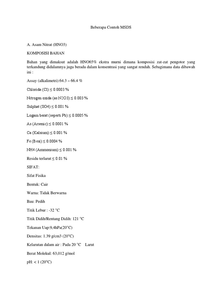 Contoh MSDS: Asam Nitrat, NaOH, Etanol | PDF | Memasak, Makanan ...