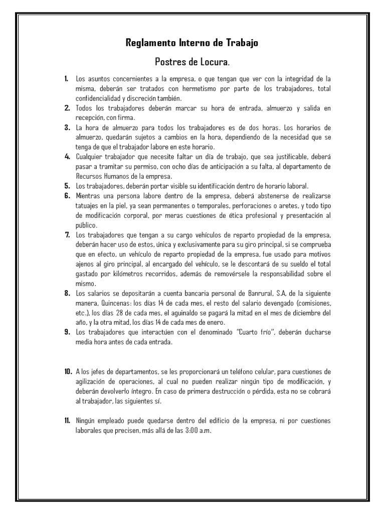 Reglamento Interno de Trabajo | PDF | Derecho laboral | Business