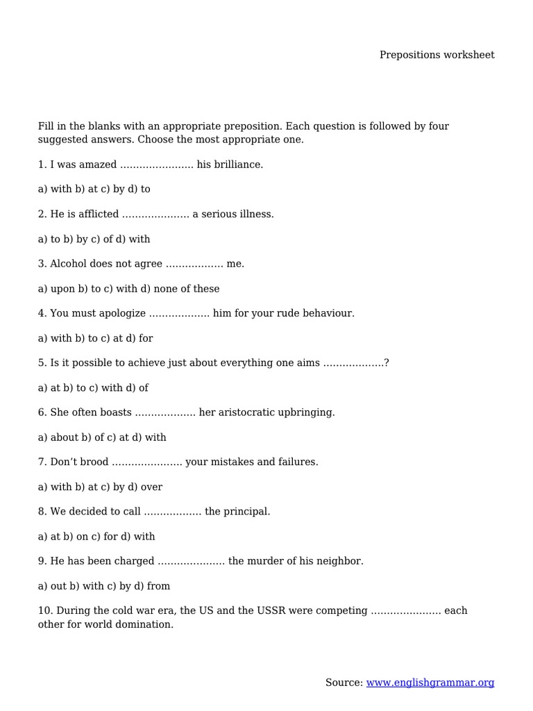 Prepositions Worksheet with Exercises | PDF | Games & Activities