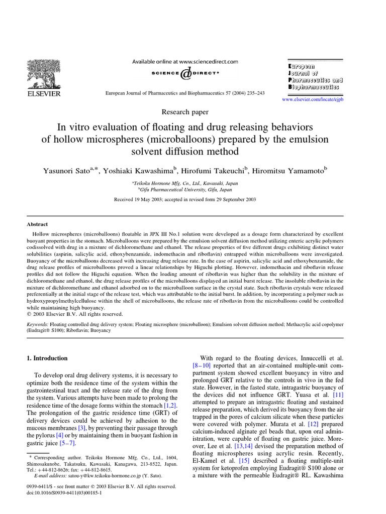 In Vitro Evaluation of Floating and Drug Releasing Behaviors of Hollow ...