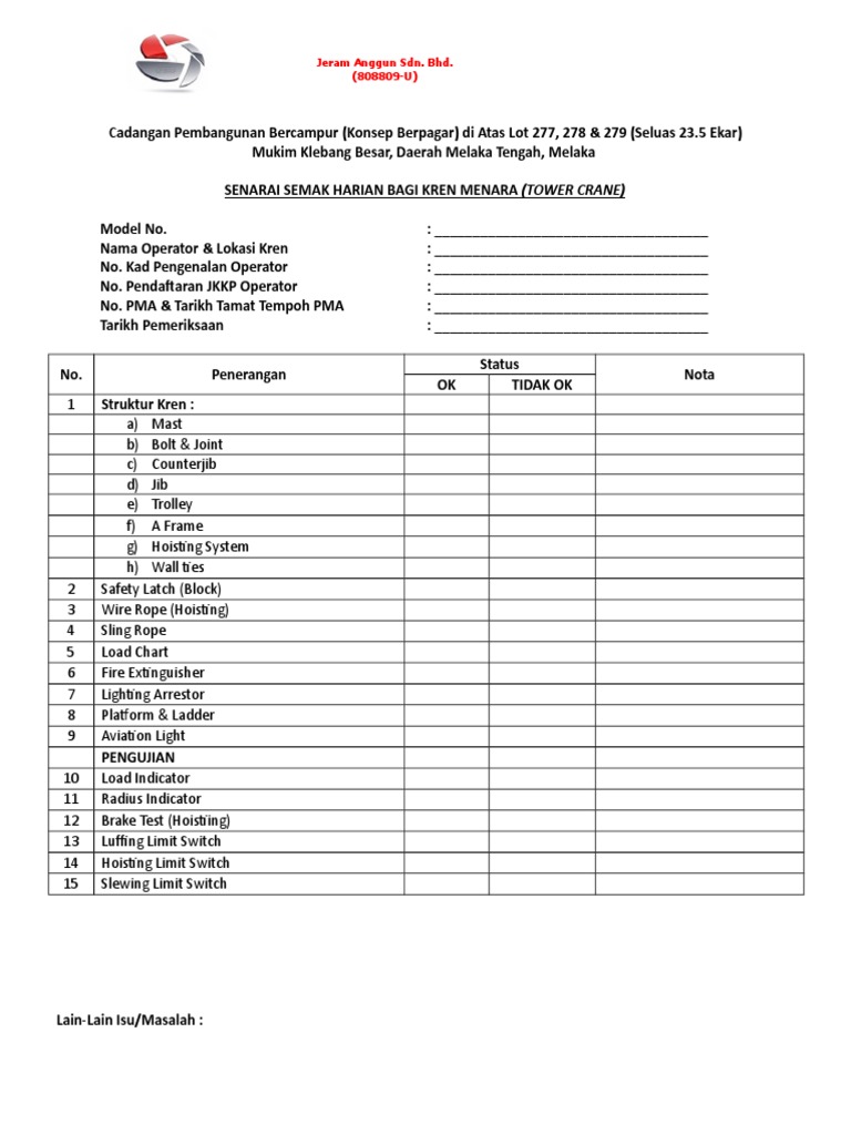 Tower Crane Checklist | PDF