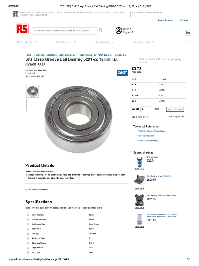 6201-2Z - SKF Deep Groove Ball Bearing 6201-2Z 12mm I.D, 32mm O | PDF ...