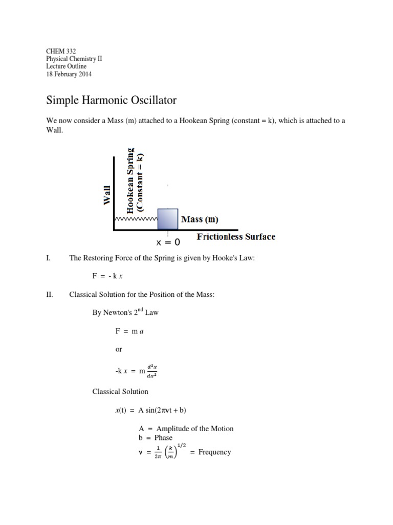 CHEM 332 Physical Chemistry II Lecture Outline Harmonic Oscillator | PDF