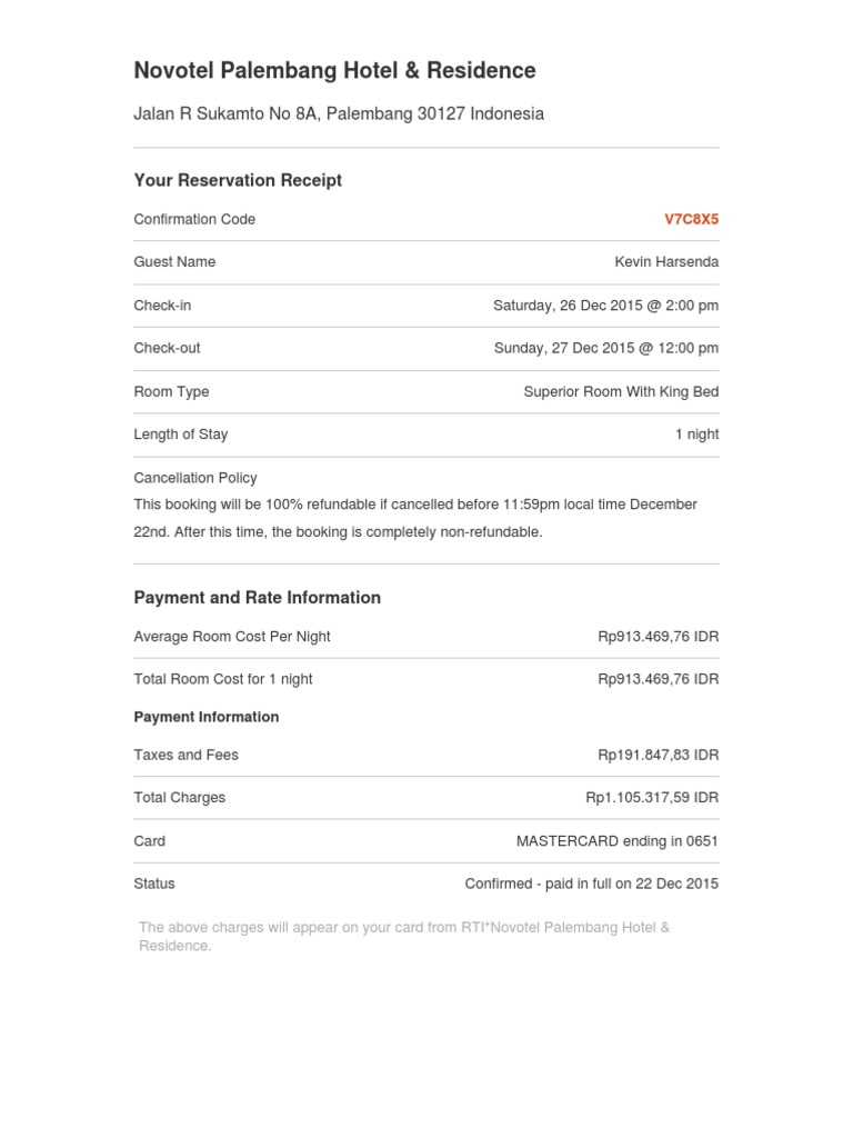 Novotel Palembang Hotel & Residence: Your Reservation Receipt | PDF