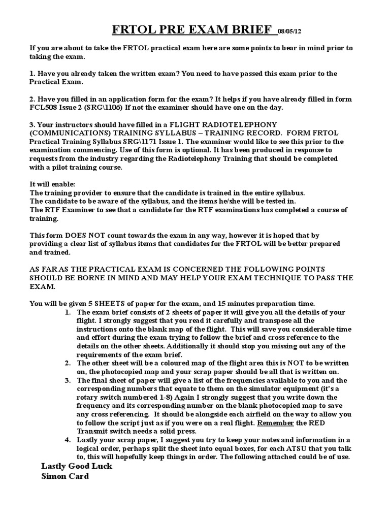 Frtol Pre Exam Brief | PDF | Syllabus | Test (Assessment)