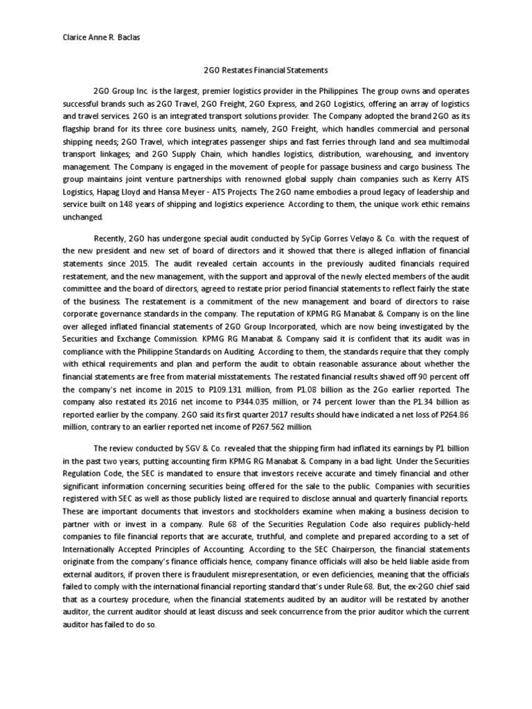 2GO Financial Statement Restatement | PDF | Financial Audit | Financial ...