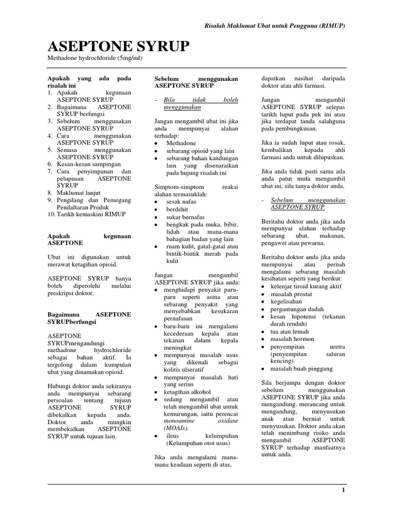 Aseptone Syrup Methadone HCL Duopharma M Sdn. Bhd. 27aug2015 BM | PDF