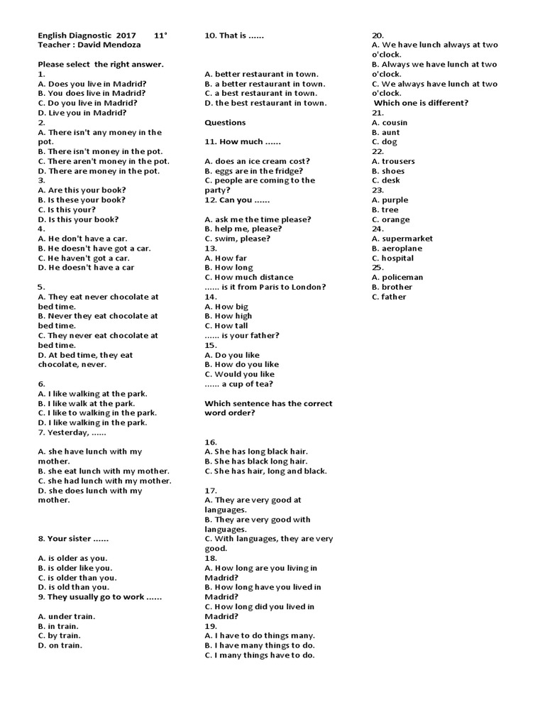 English Diagnostic Test Questions 2017 | PDF