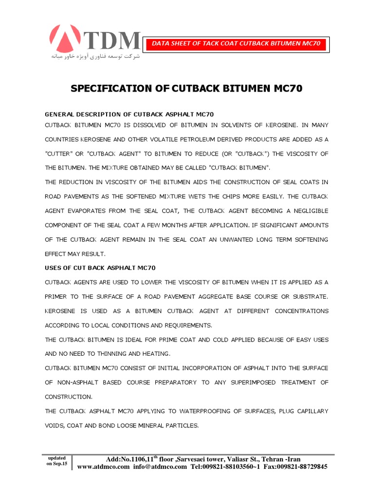 MC70 Cutback Bitumen Data Sheet | PDF | Asphalt | Road Surface